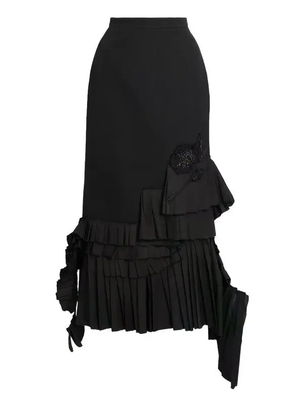 Erdem Ruffled Embroidered Midi Skirt - Black