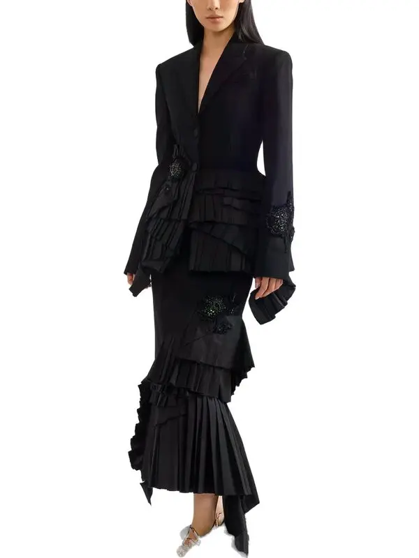 Erdem Ruffled Embroidered Midi Skirt - Black