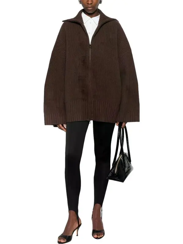 THE FRANKIE SHOP Veda Ribbed-knit Zip-fastening Cardigan - Brown