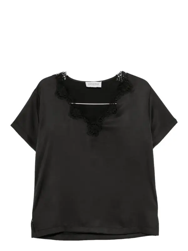 ERMANNO FIRENZE V-neck Lace Trim Top - Black