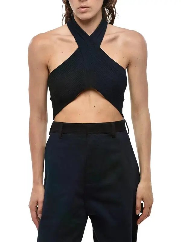 Stella McCartney Ribbed Knit Wrap Halterneck Cropped Top - Blue