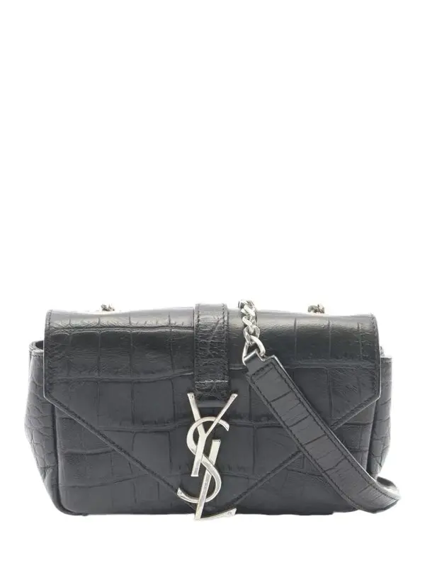 Saint Laurent 2010s Mini Monogram Croc-embossed Shoulder Bag - Black