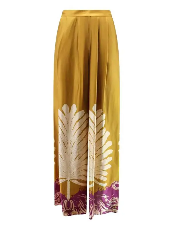 BYE FIRENZE Mustard Palm Leaf Print Pleated Palazzo Pants - Yellow