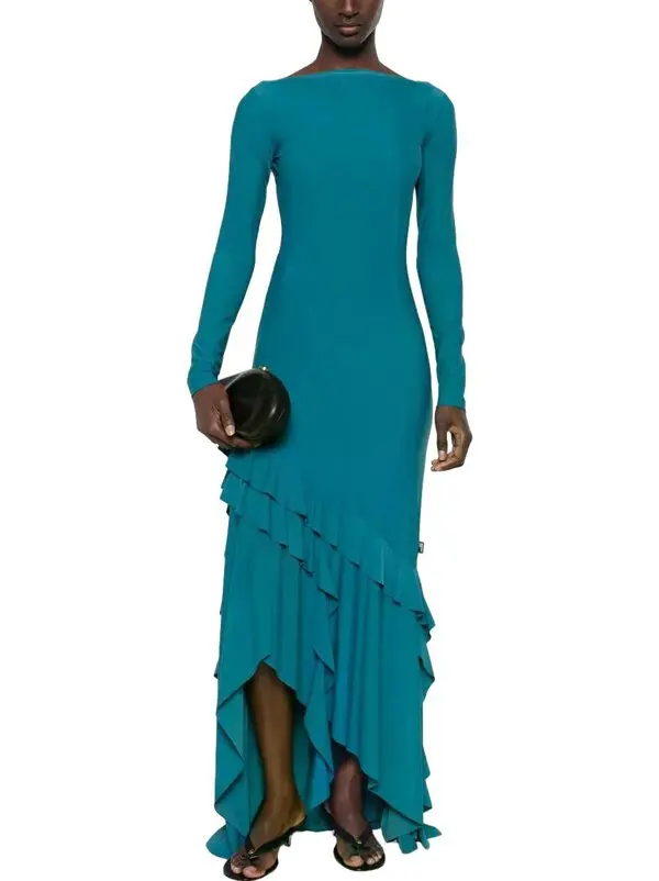 Moschino Teal Green Ruffled Asymmetrical Long Sleeve Dress - Blue