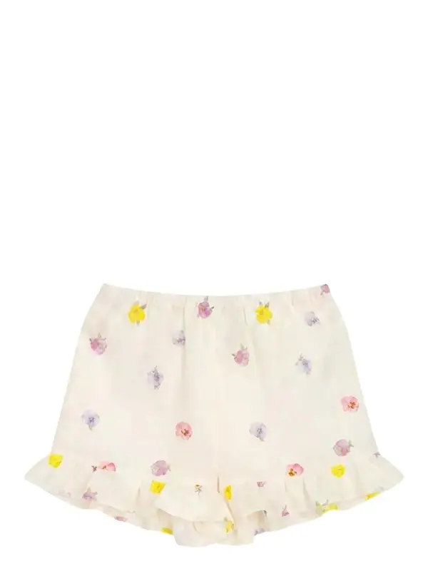Sleeper White Linen Floral Print Ruffled Shorts - Neutrals