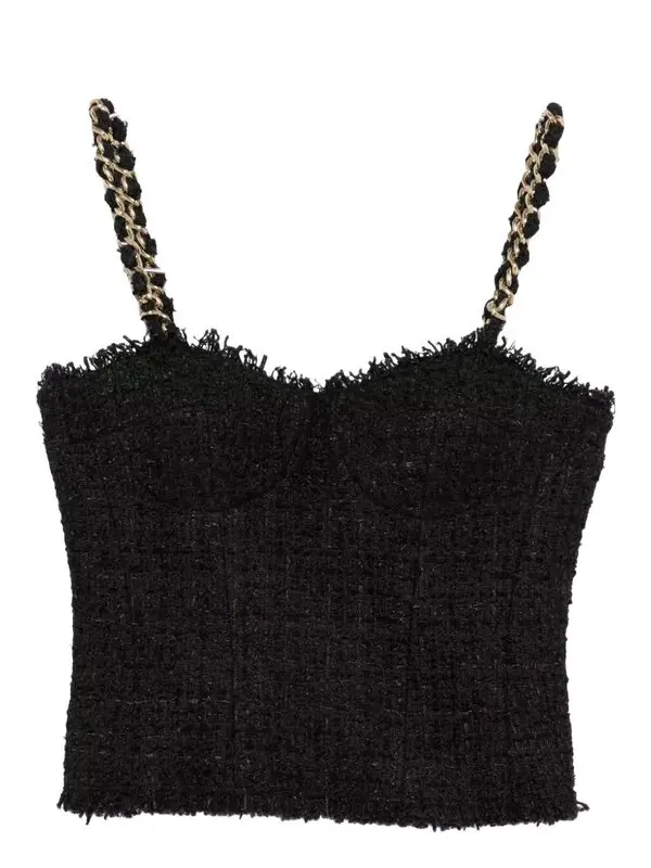 Balmain Sleeveless Tweed Top With Chain-link Straps - Black
