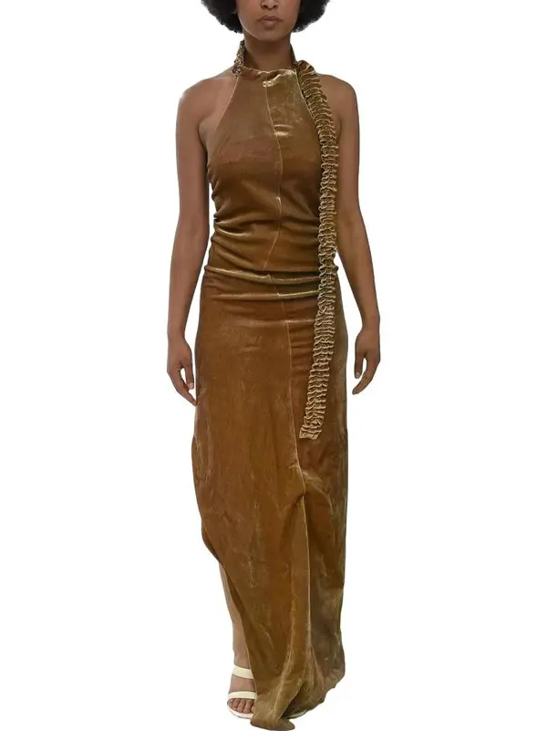 Off-White Ruffled Velour Maxi Dress - Brown