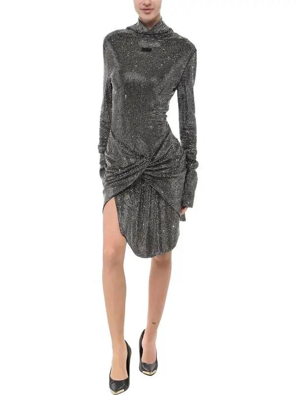 Off-White Rhinestone Embellished Twist Mini Dress - Silver