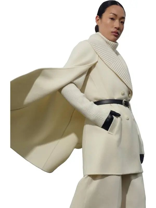 Mackage Susie Wool Cape With Shawl Collar And Belt - Cream
