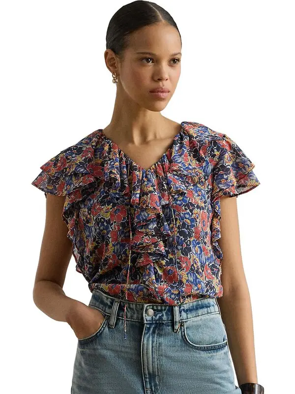 Ralph Lauren Floral Ruffle Georgette Blouse - Cream/red/blue