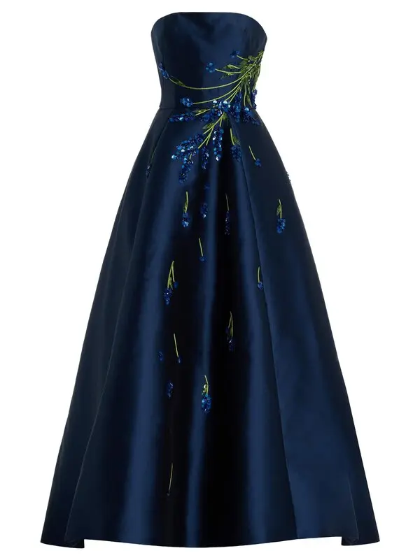 Monique Lhuillier Embroidered Mikado Silk Ball Gown - Navy