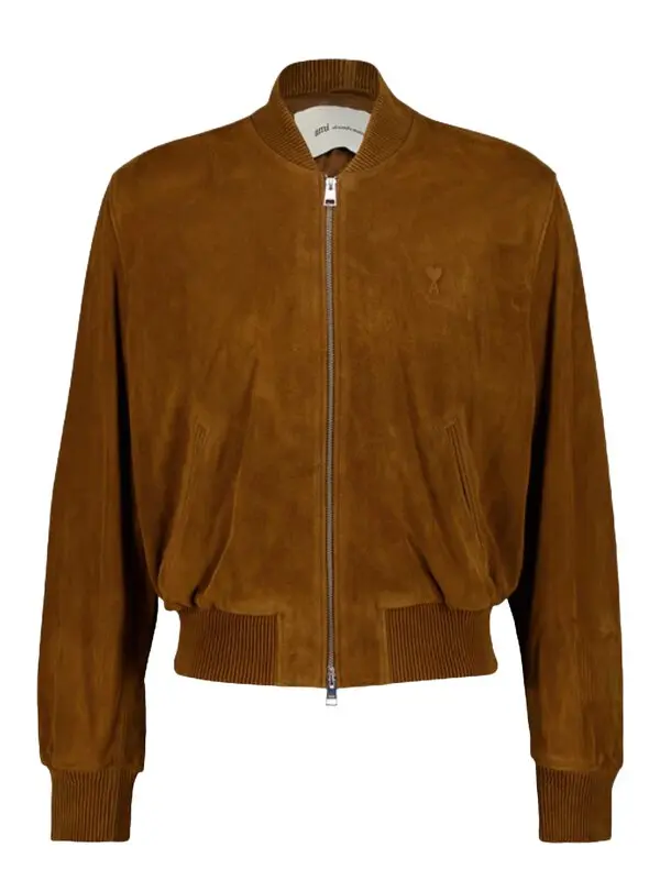AMI Paris Suede Leather Zipped Bomber Jacket - Brown