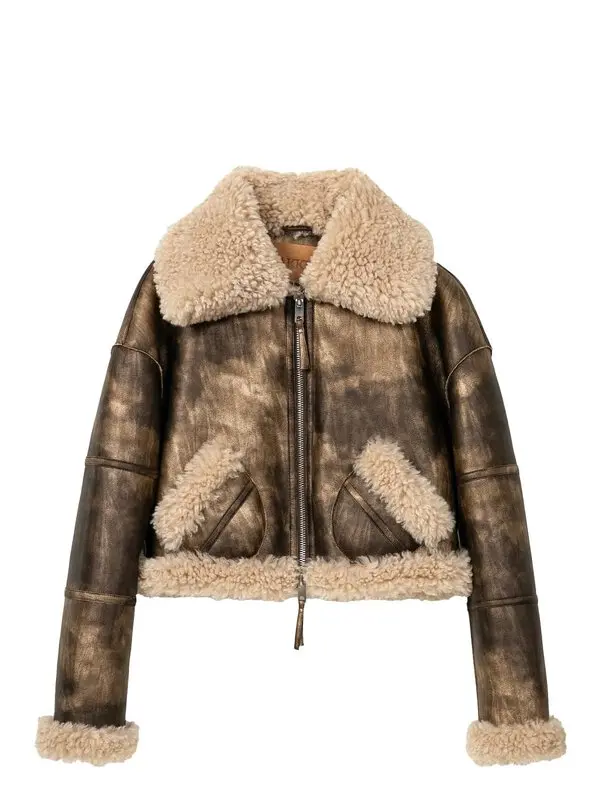 JAKKE Aviator Cropped Shearling Jacket - Gold