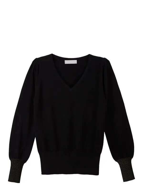 COVE V-neck Jumper With Ruched Shoulders And Metallic Cuffs - Black