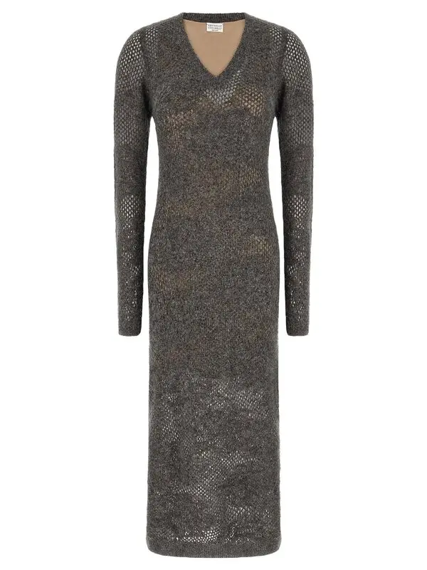 Brunello Cucinelli Long Sleeve Mesh Lace Dress - Gray