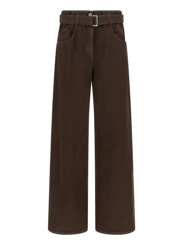 Brunello Cucinelli Wide-leg Belted Jeans In Dark Cotton Canvas - Brown
