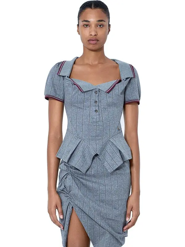 VIVIENNE WESTWOOD Striped Cotton Polo Shirt With Peplum Detailing - Gray