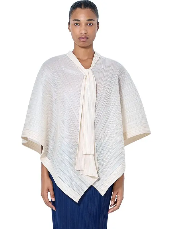Issey Miyake Pleated Cape Blouse With Tie Neck Detail - Cream