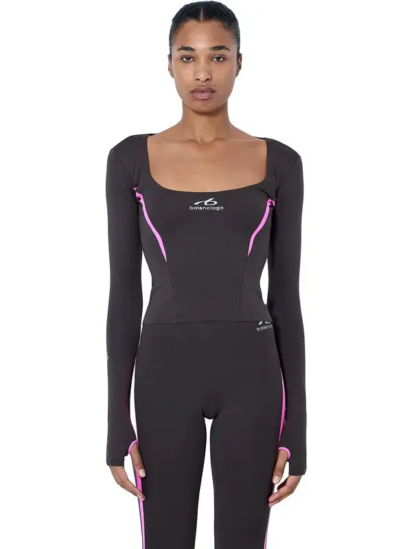 Balenciaga Long Sleeve Fitted Top With Contrast Piping - Brown