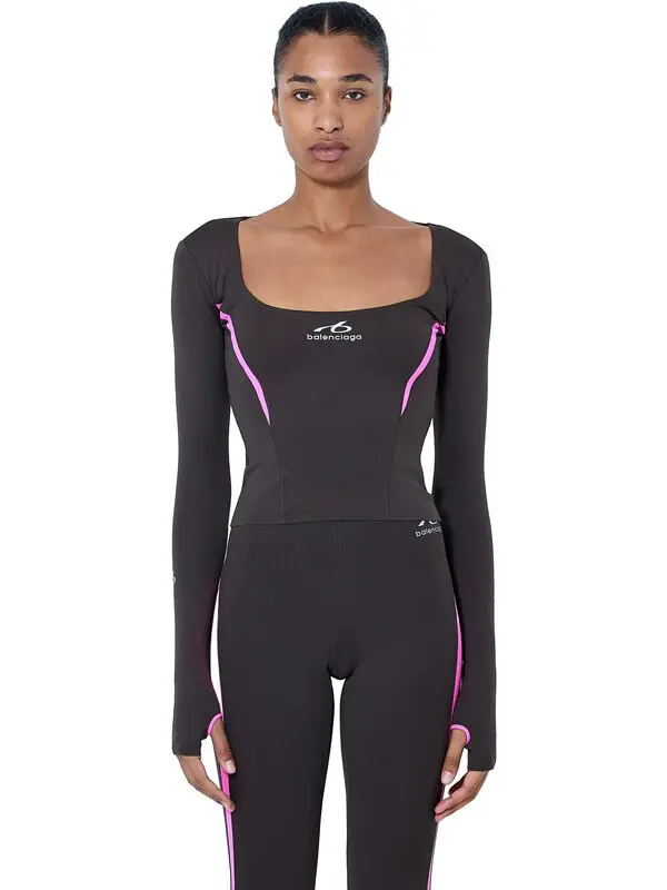 Balenciaga Long Sleeve Fitted Top With Contrast Piping - Brown
