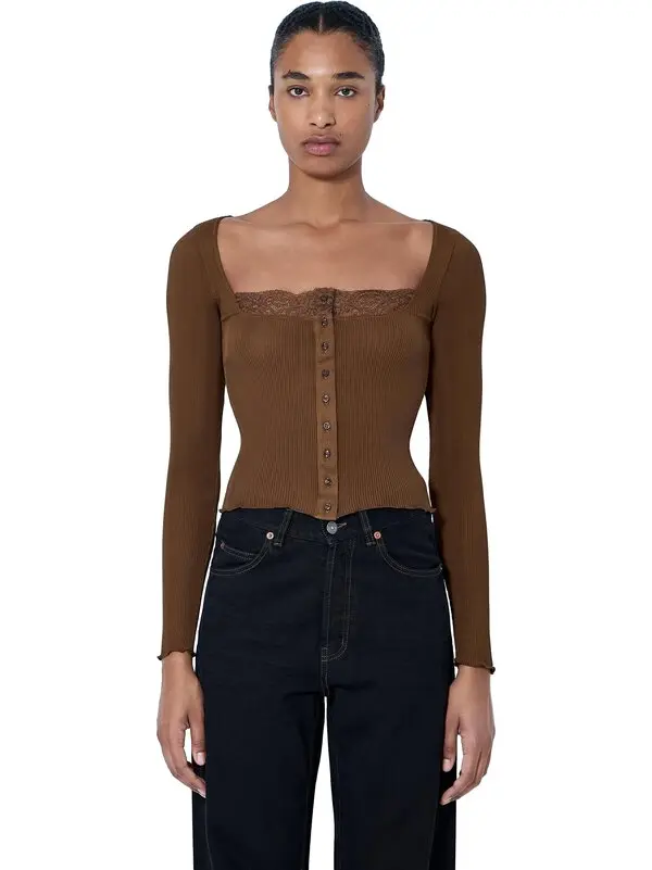 Saint Laurent Ribbed Lace Trim Square Neck Button-up Top - Multicolor