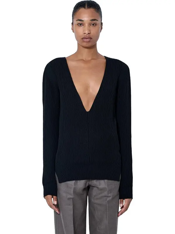 Rick Owens Deep V-neck Ribbed Knit Sweater - Black