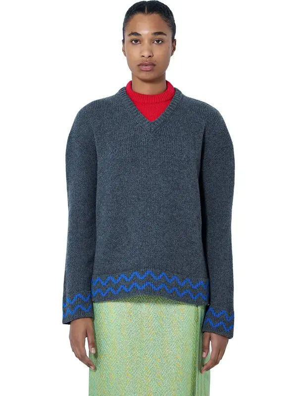 Marni V-neck Textured Knit Sweater With Contrast Hem - Gray