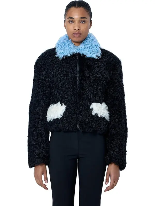 Marni Curly Shearling Jacket With Contrast Collar And Pockets - Black
