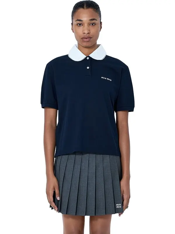 Miu Miu Cotton Piqué Polo Shirt With Embroidered Collar - Blue