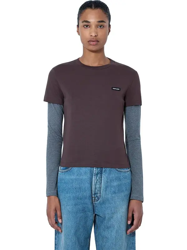 Miu Miu Layered T-shirt With Logo Patch - Brown