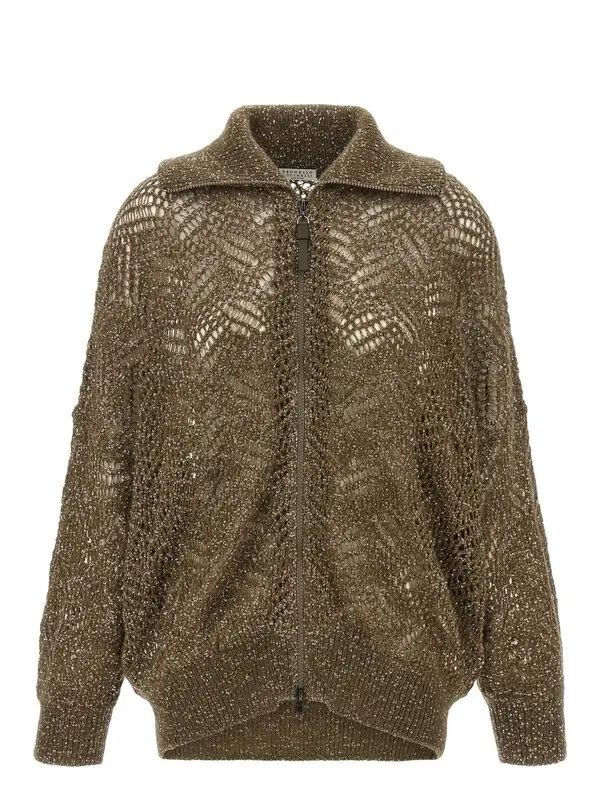 Brunello Cucinelli Abstract Leaf Perforated Cardigan - Brown
