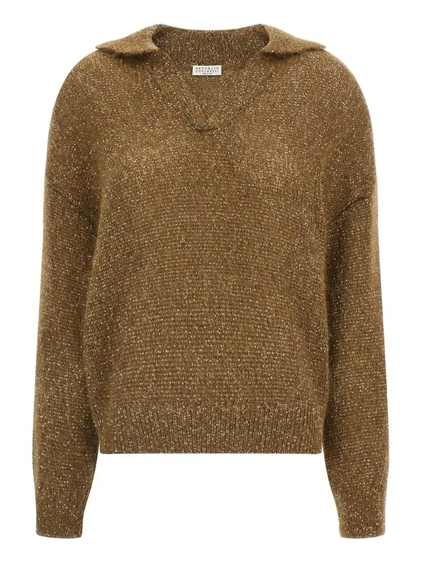 Brunello Cucinelli Dazzling" Sequined Knit Polo Shirt - Brown