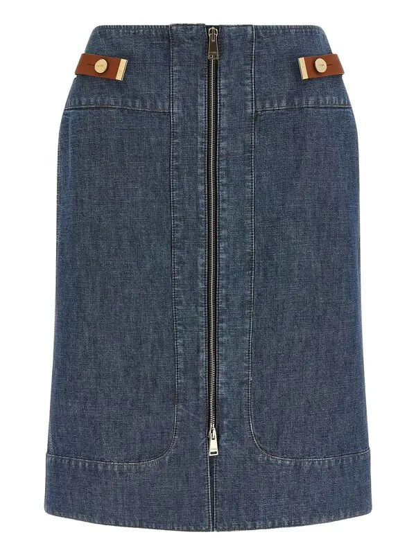 Fendi Chambray Denim Midi Skirt With Leather Details - Blue