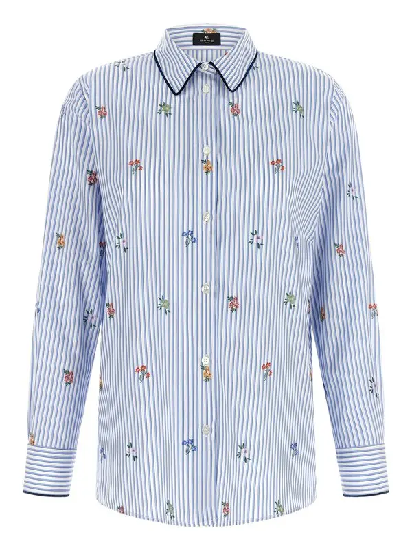 Etro Embroidered Striped Cotton Shirt - Blue