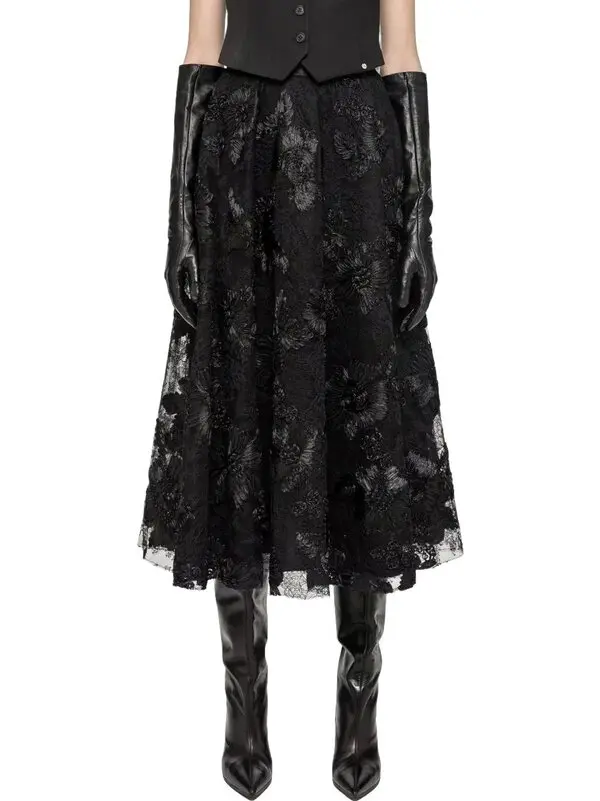 NISSA Floral Embroidered A-line Midi Skirt - Black