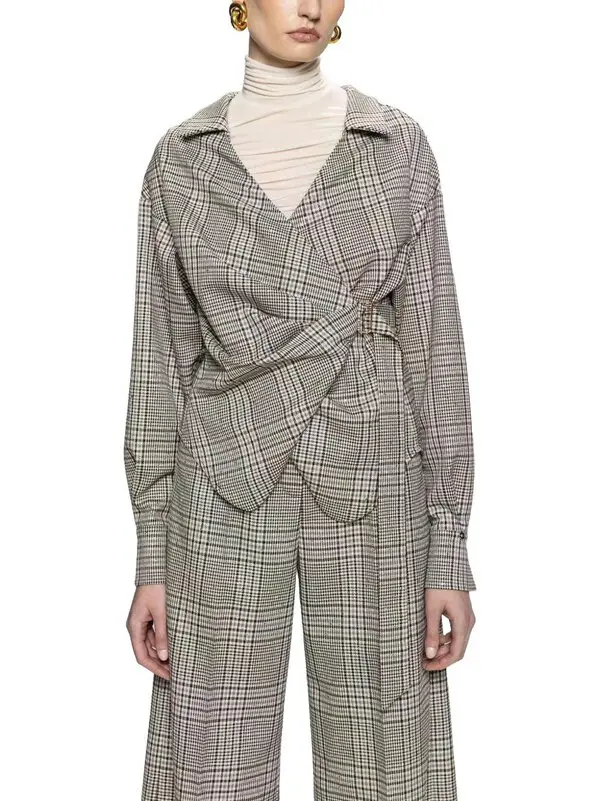 NISSA Checked Wrap Shirt With Spread Collar And Side Buckle Fastening - Grey