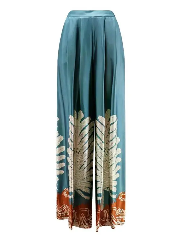 BYE FIRENZE Pleated Palm-print Palazzo Pants - Blue