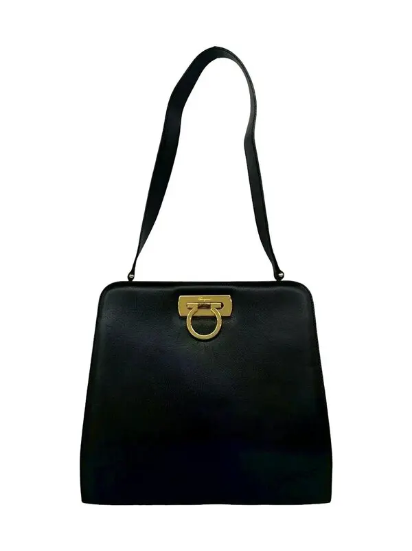 FERRAGAMO Leather Gancini Shoulder Bag - Black
