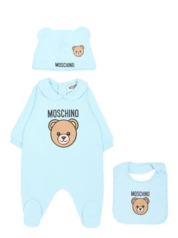 Moschino Teddy Bear Onesie Set With Matching Hat And Bib - Light Blue
