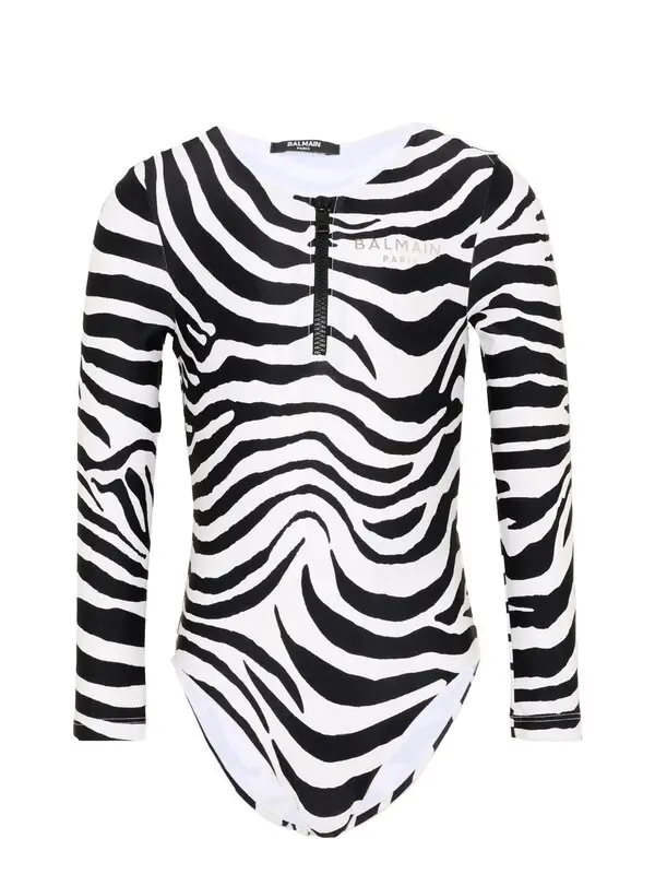 Balmain Zebra-print Long-sleeve Zip-up Swimsuit - White