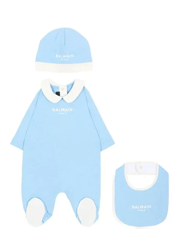 Balmain Logo Print Bodysuit, Bib, And Beanie Set - Light Blue