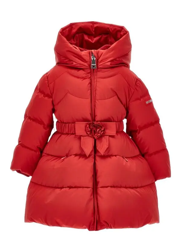 Monnalisa Padded Down Jacket With Floral Belt - Ruby Red