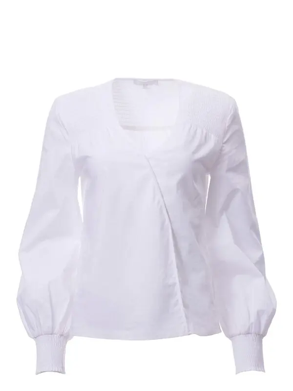 CARLOSLINES V-neck Bishop Sleeve Smocked Faux Wrap Blouse - White