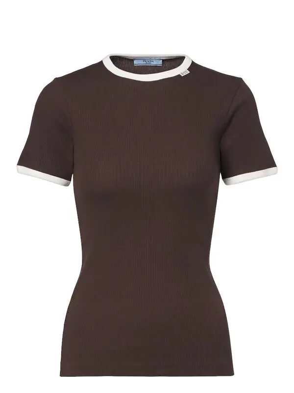 Prada Ribbed Knit Cotton T-shirt - Brown