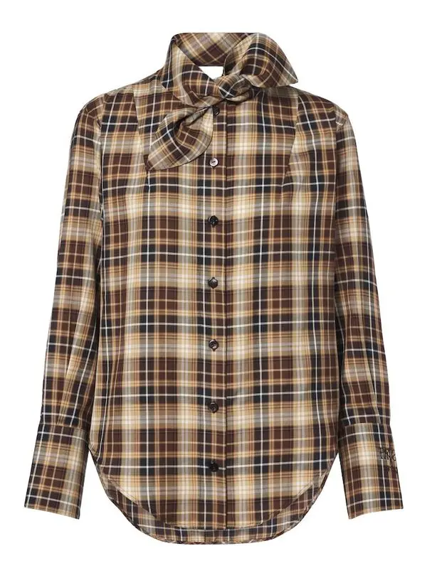 PATOU Checked Cotton Shirt With Self-tie Collar - Brown