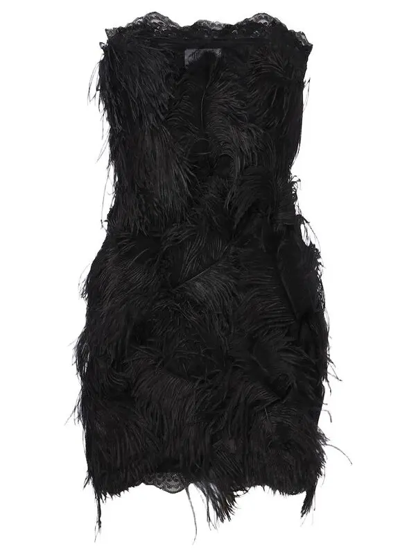 Attico Feather-trimmed Mini Dress - Black