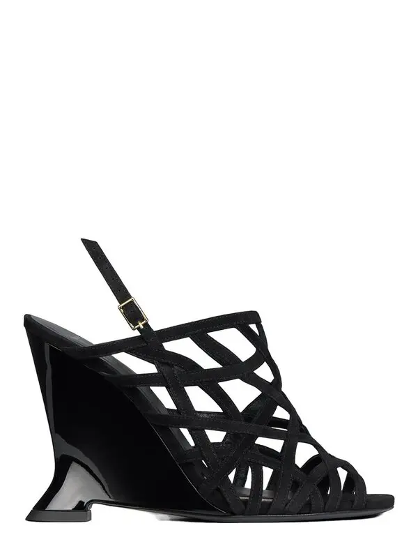 Balmain Suede Wedge Cage Sandals With Gold Tone Buckle - Black