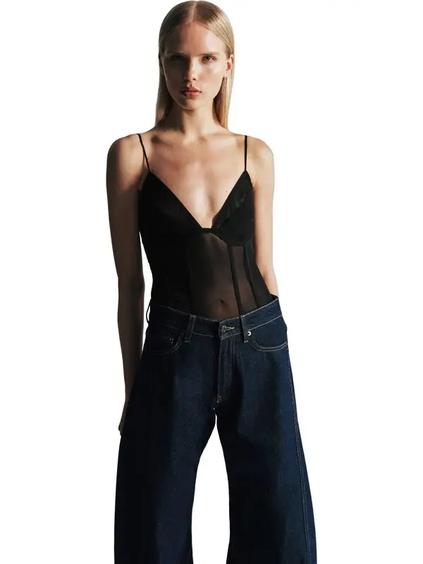 Bardot Jovana Mesh Bodysuit With V-neckline And Sheer Detailing - Black