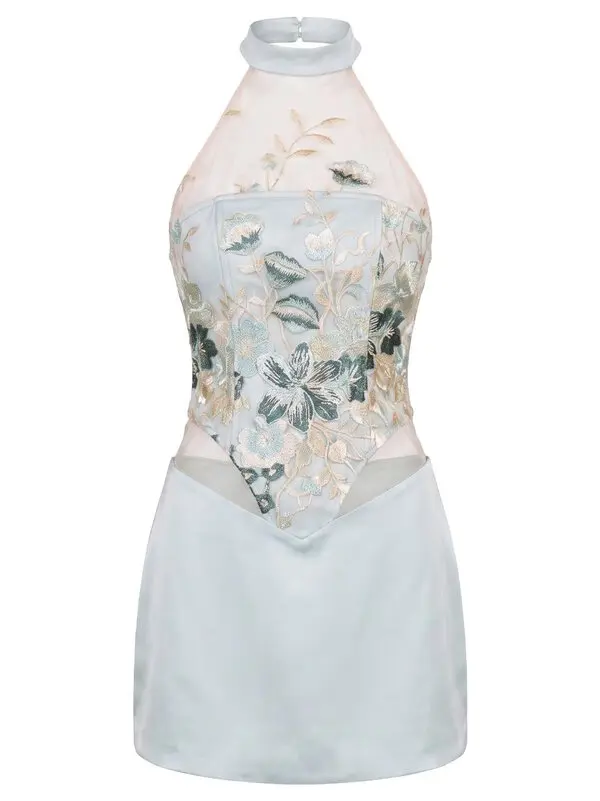 CLERESTORY Coralie Floral Embroidered Halter Corset Mini Dress - Green