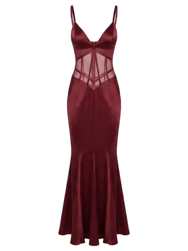 CLERESTORY Amarante Satin Bias Mesh-waist Maxi Dress - Red